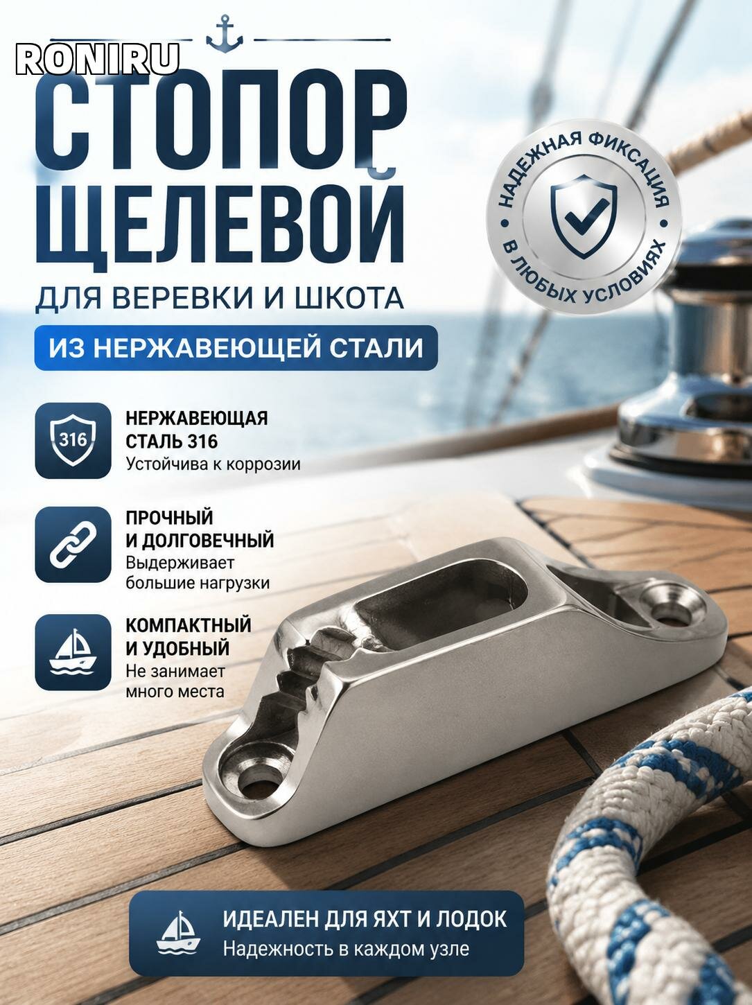 Стопор щелевой для веревки и шкота из нержавеющей стали — надежный зажим для яхты и лодки, компактный и прочный
