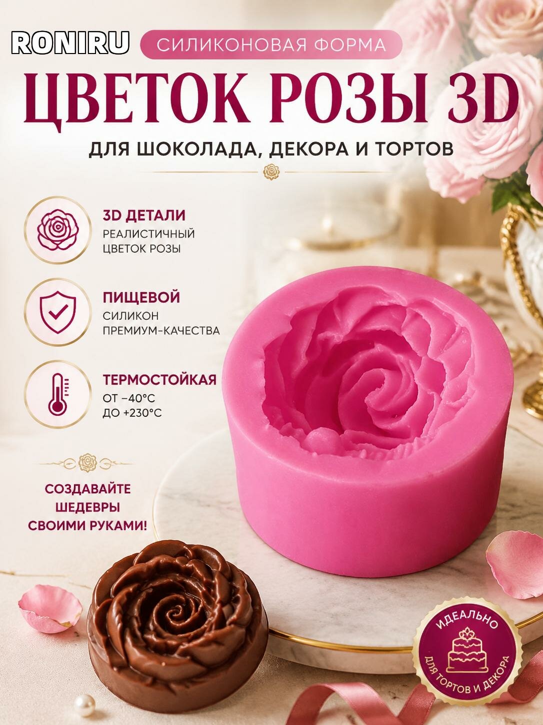 Форма для шоколада Цветок розы 3D — форма для украшения дома и гостиницы, шоколадные фигурки и декор, для тортов