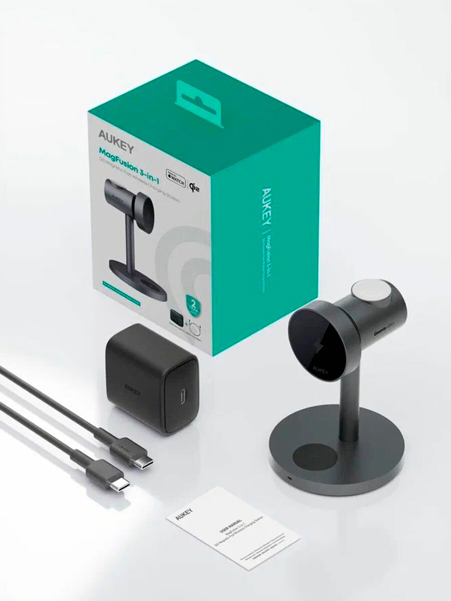Aukey AMC-LC-MC311 Беспроводное зарядное устройство, быстрая зарядка, 15 Вт, с кабелем, 3 in1 Qi2, серое