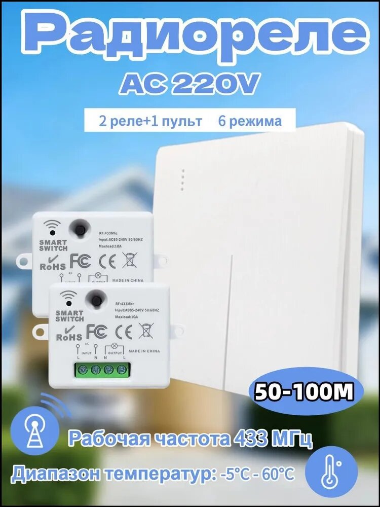 Беспроводной двухклавишный дистанционный выключатель света с двумя приемниками 433 МГц 220В