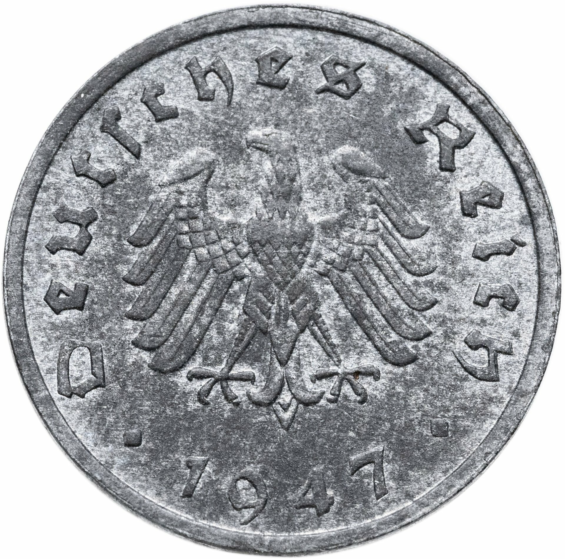 Германия, послевоенная оккупация 10 рейхспфеннигов reichspfennig 1947, знак монетного двора: "F" - Штутгарт, Цинк, в сохранности VF