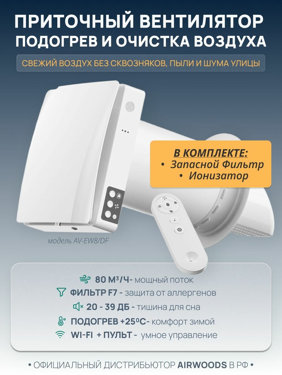 Приточная вентиляция Airwoods AV-EW8/DF с подогревом до +25C Фильтр F7, Wi-Fi, датчики H2O и CO2, ионизатор до 30 м