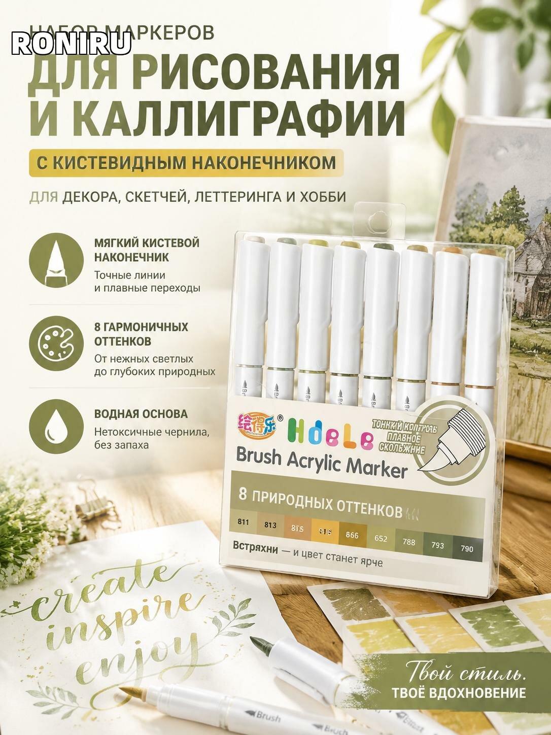 Набор маркеров для рисования и каллиграфии с кистевидным наконечником — для декора, скетчей, леттеринга для хобби