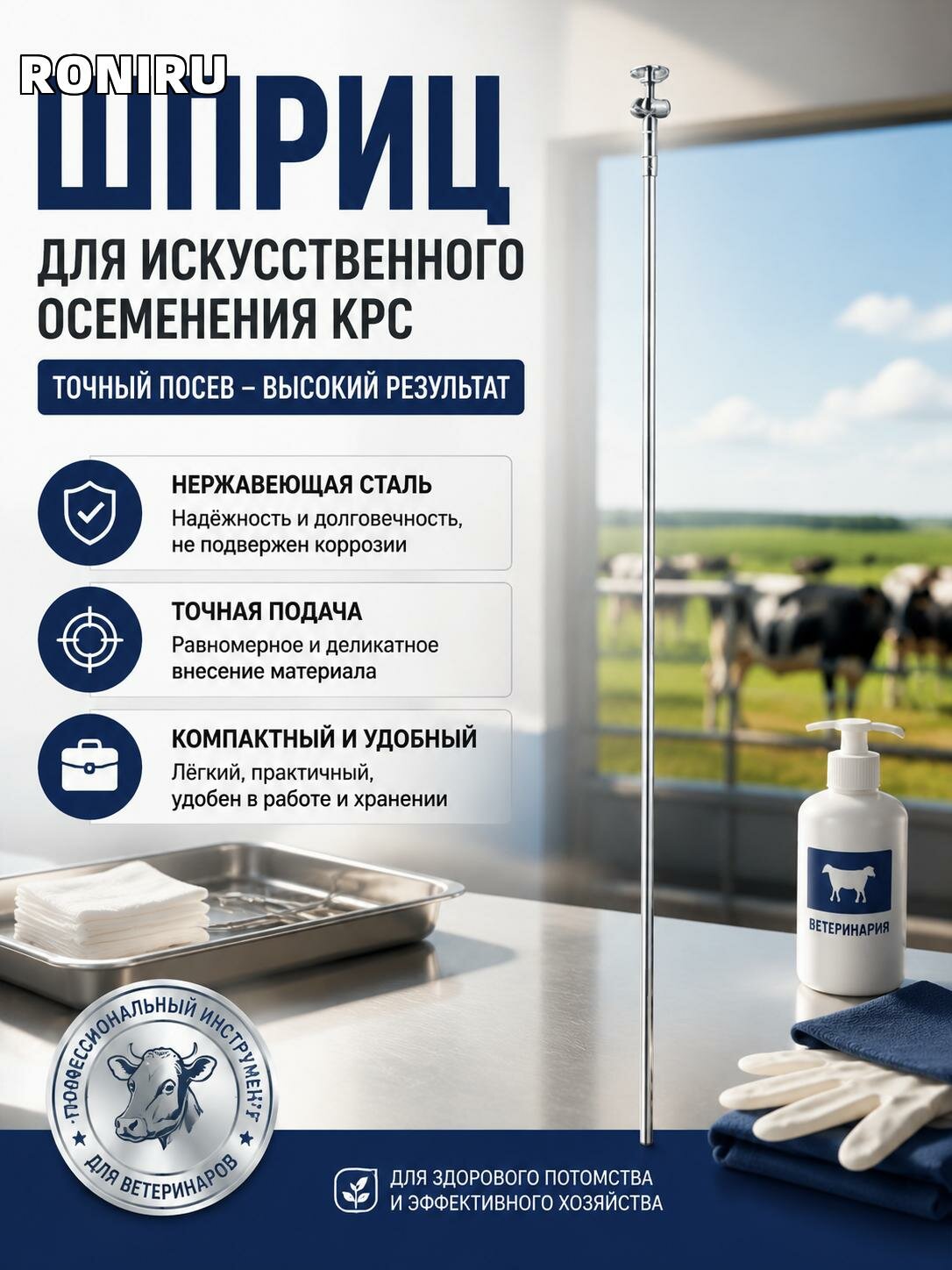 Шприц для искусственного осеменения КРС, Casu из нержавеющей стали для точного посева — компактный ветеринарный инструмент