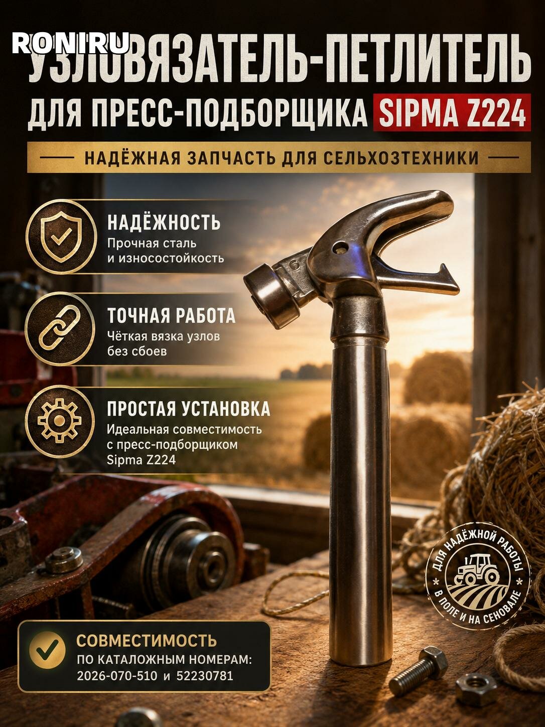 Узловязатель-петлитель для пресс-подборщика тюкового Sipma Z224, запчасть по каталожным номерам 2026-070-510 и 52230781, надёжный аналог для сельхозтехники