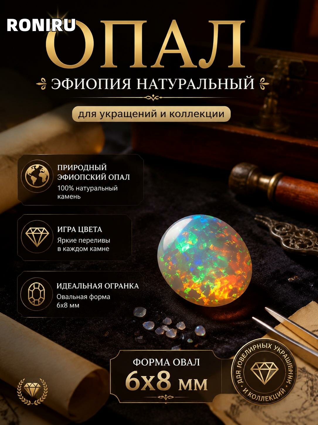 Опал Эфиопия натуральный, овальная форма 6х8мм для ювелирных украшений и коллекции