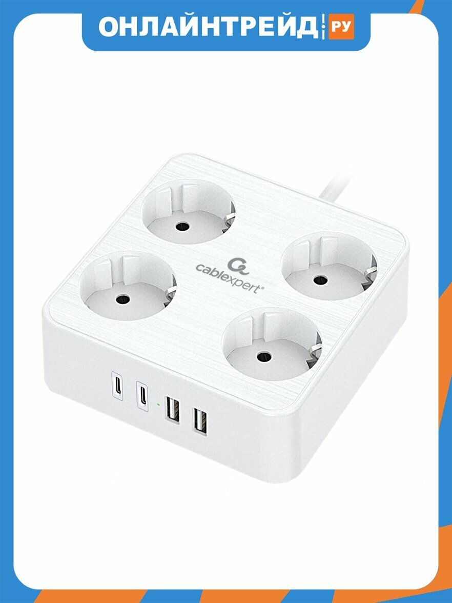 Сетевой фильтр Cablexpert Plate 4 розетки, 10А, 2xType-C PD, 20Вт, 2xUSB, 2м, белый, коробка (PLT-4-C2U2-W-2)