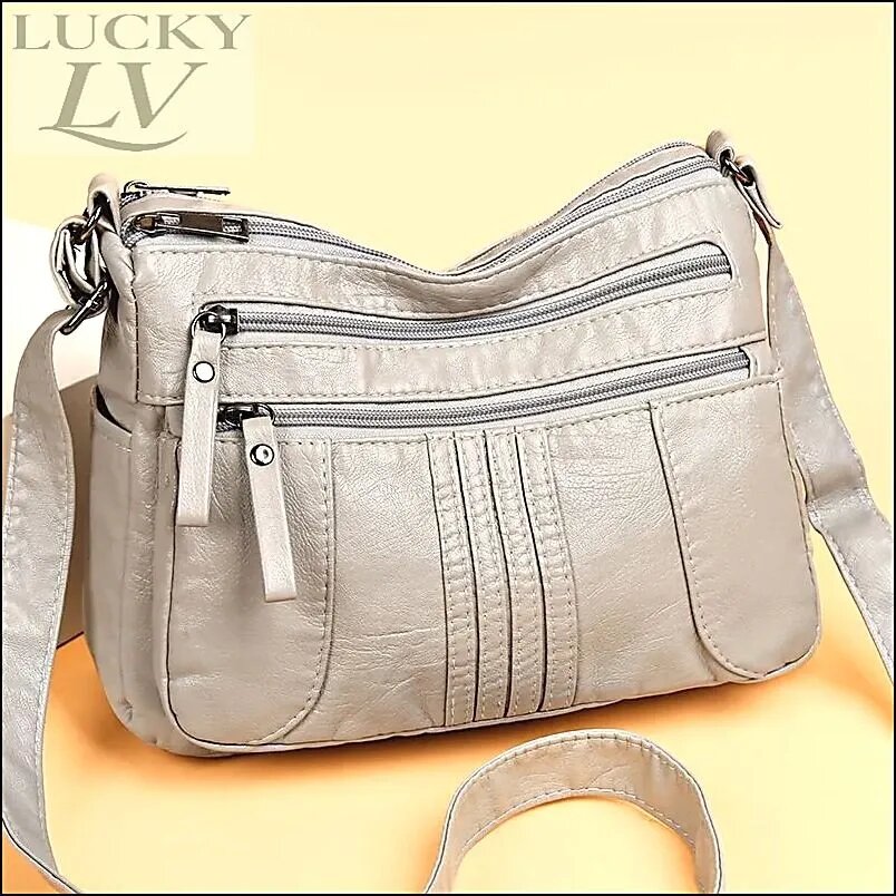 Сумка женская серая "Lucky LV", модель 3396531758, размеры 25x19x9 см, 5 внешних карманов