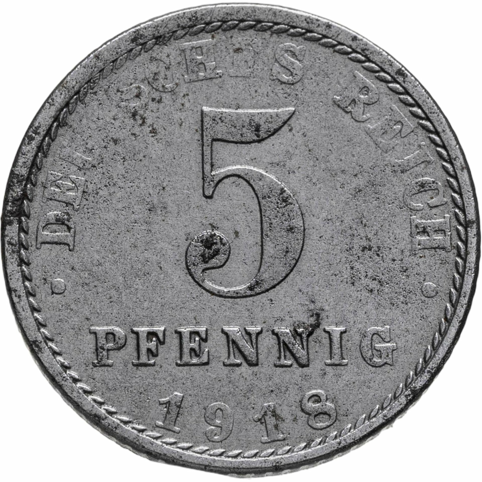 Германия 5 пфеннигов pfennig 1918 A знак монетного двора: "A" - Берлин, Цинк, в сохранности VF-XF