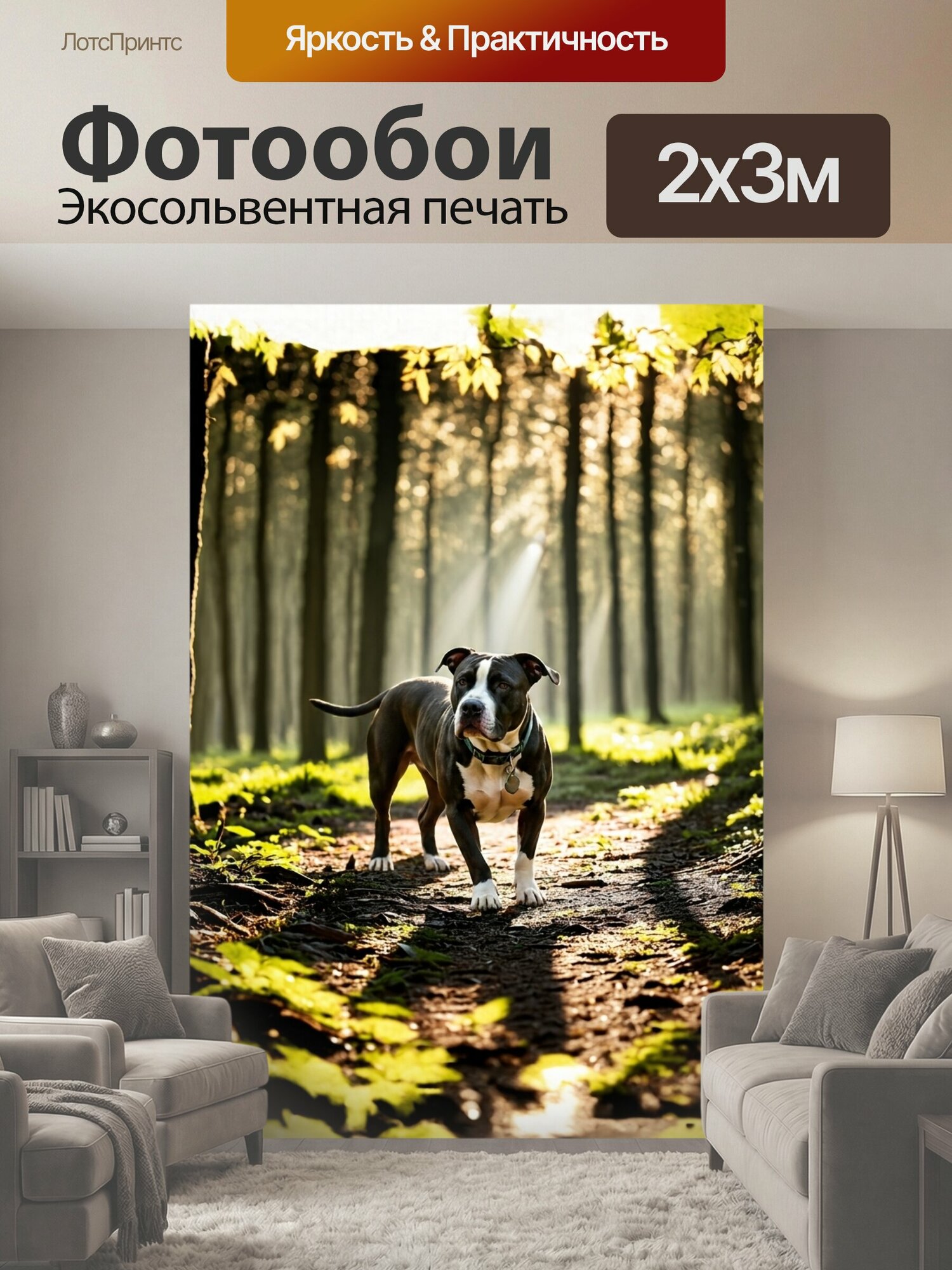 Фотообои "Собака, американский стаффордширский терьер, исследует лесной пейзаж, где лучи солнечного света проникают сквозь листву деревьев." 200x300 см. экосольвентная печать