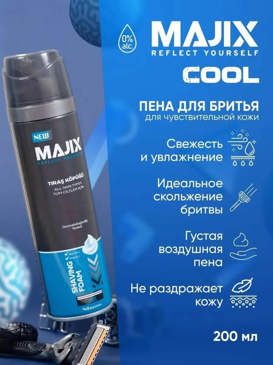 Пена для бритья охлаждающая от раздражений кожи большой объем Majix Cool 200 мл мягкая пенка с аллантоином, алоэ вера и витамином Е. Без спирта, 200 мл