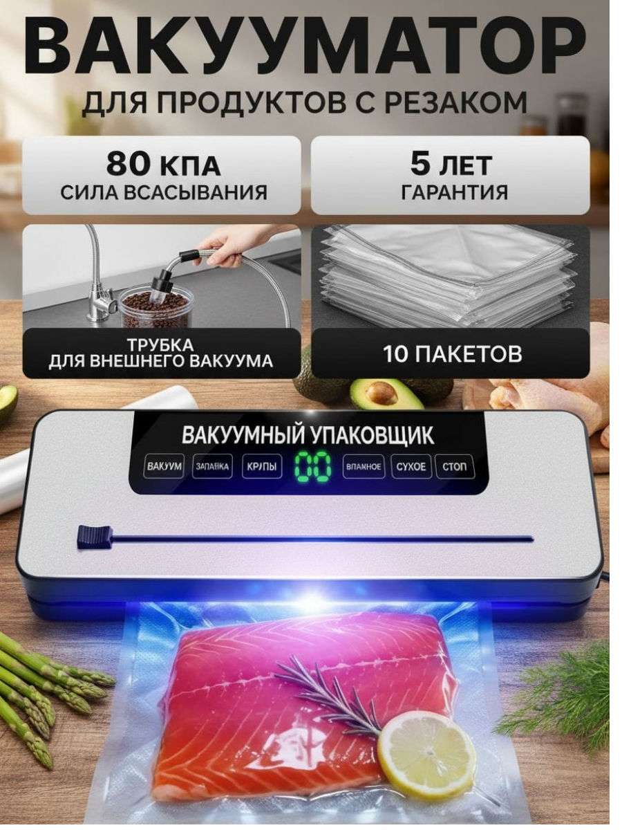 Вакуумный упаковщик для продуктов, с функцией запайки и резки