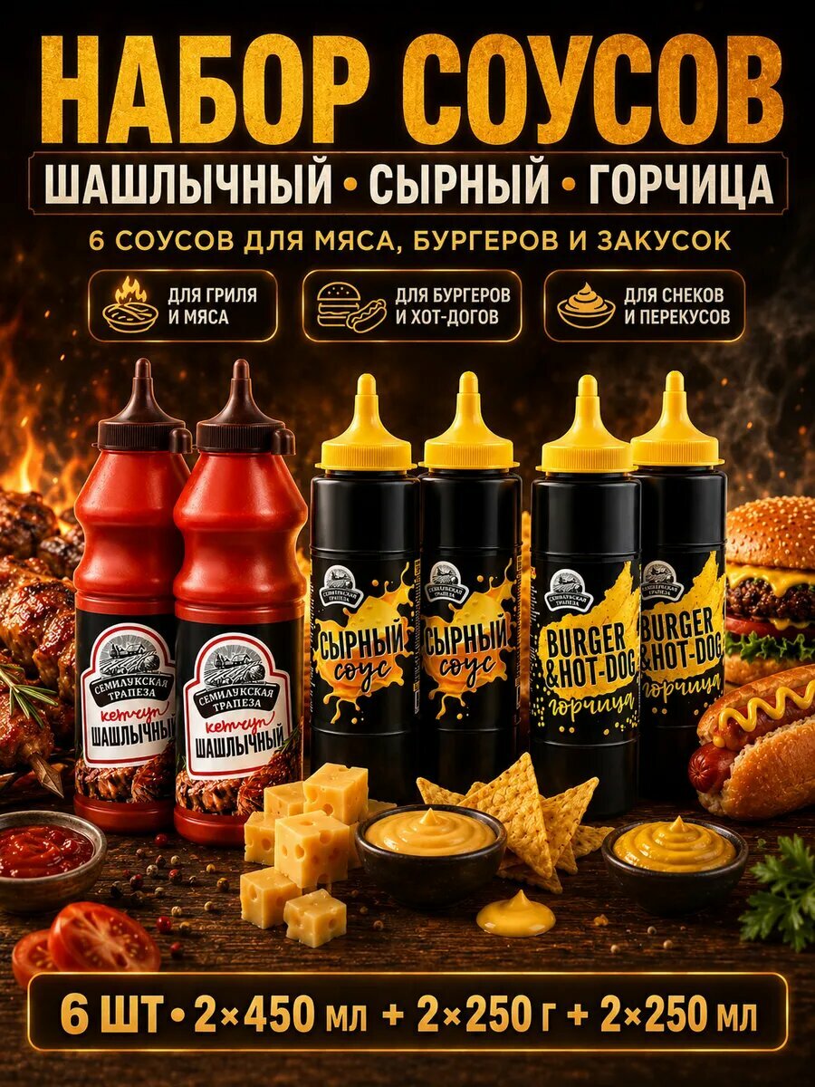 Набор соусов 2 шт Шашлычный, 2 шт Сырный и 2 шт Горчичный