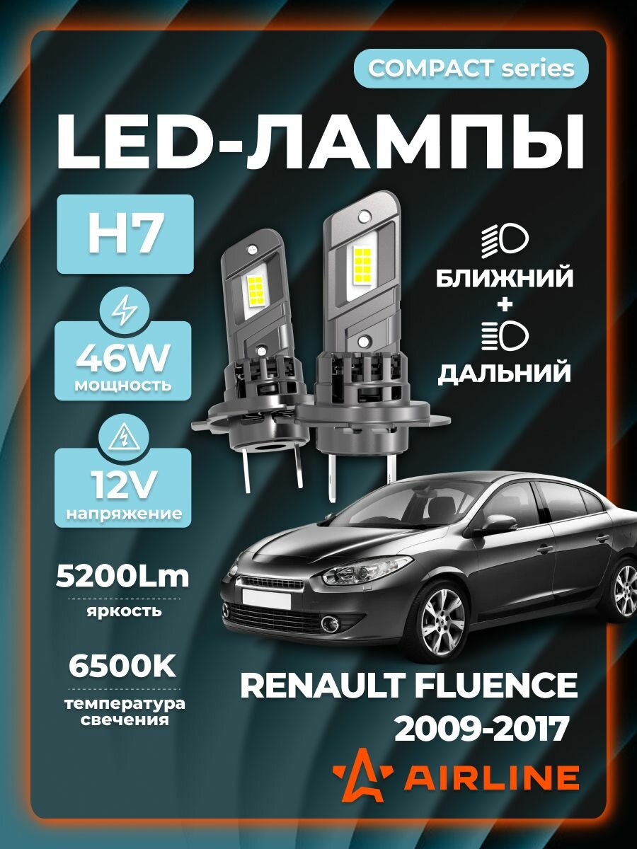 Лампы светодиодные H7 COMPACT для Renault Fluence (2009-2017) ближний/дальний свет, 46W, 12В, 6500K, 5200Лм, комплект 2 шт. / Компактные лед лампы Н7, автосвет на Рено Флюенс