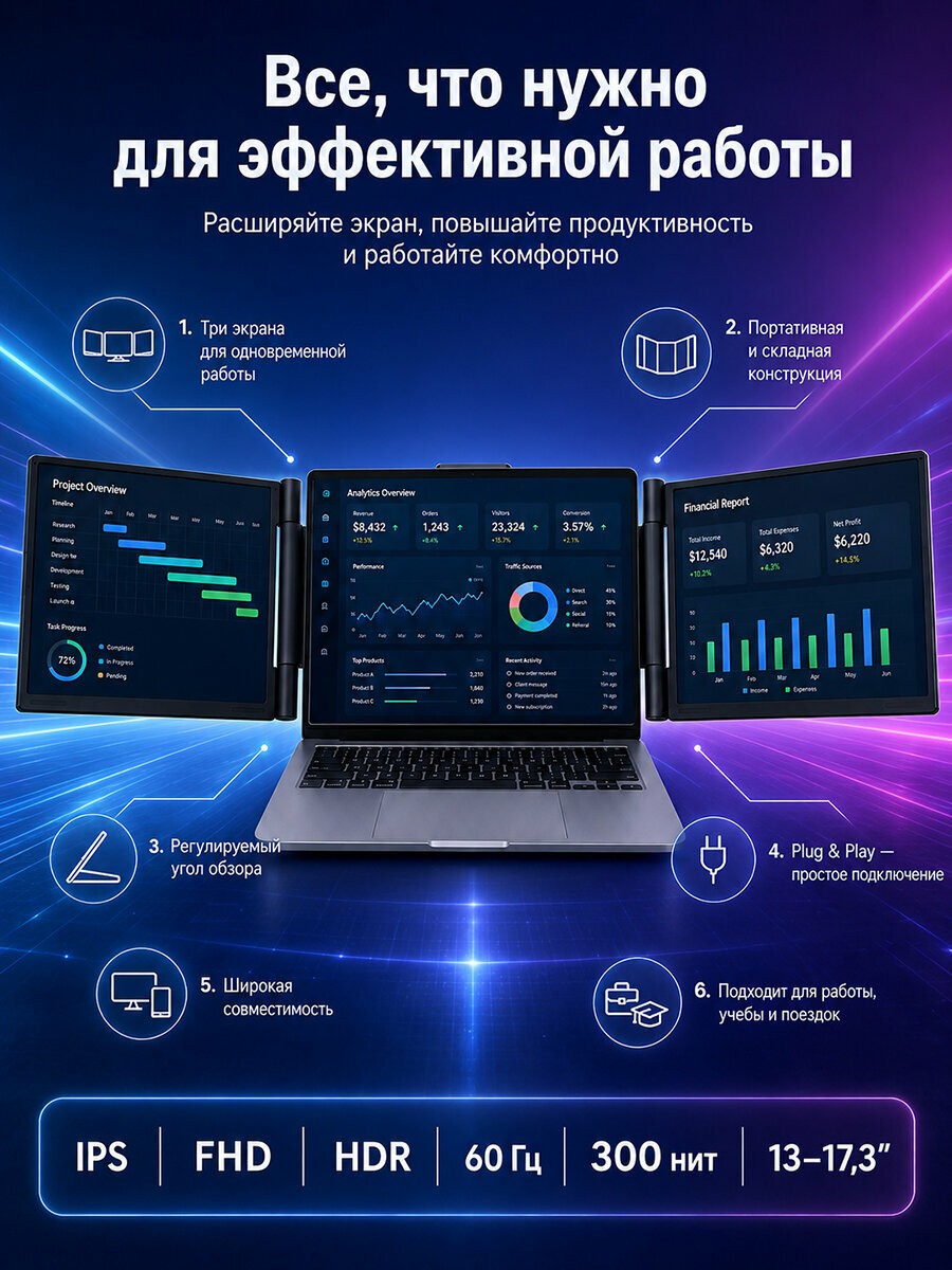 Miracal Prasu 14" Монитор MT141B, IPS, 1920x1080, 60 Гц, IPS , 16 : 9 , Два монитора