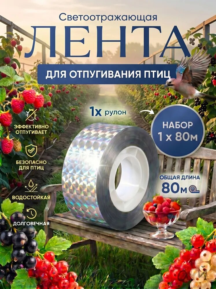 Отпугиватель птиц для сада огорода и балкона лента светоотражающая, 80 м
