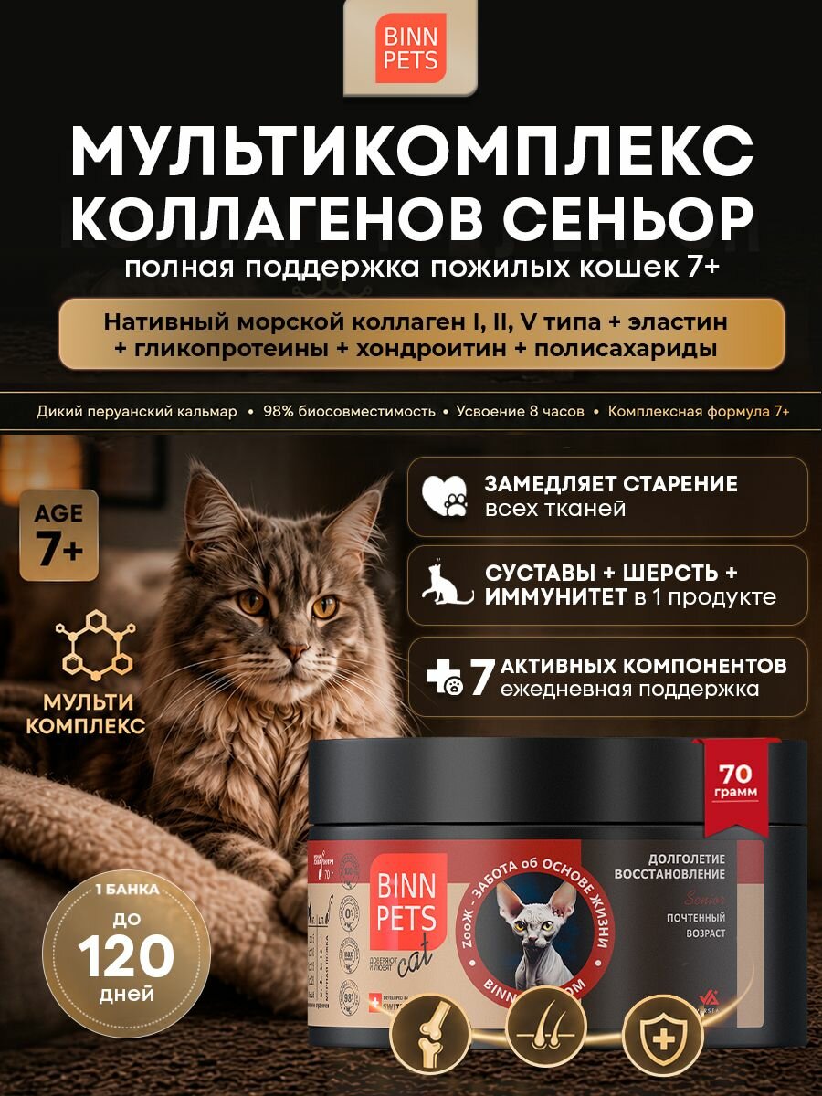 Натуральный морской коллаген для пожилых кошек BINN PETS Sinior поддержка суставов, связок и иммунитета. Замедление старения и восстановление активности в банке 70 грамм