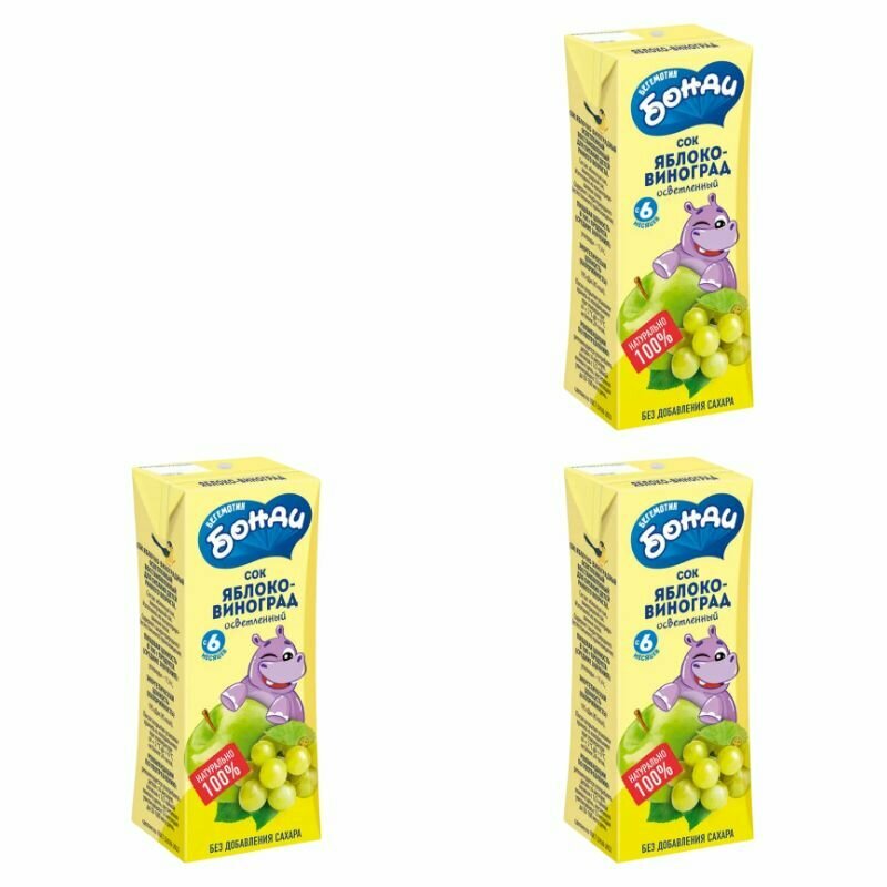 Бегемотик Бонди Сок, яблоко виноград, 0.2 л, 3 штуки
