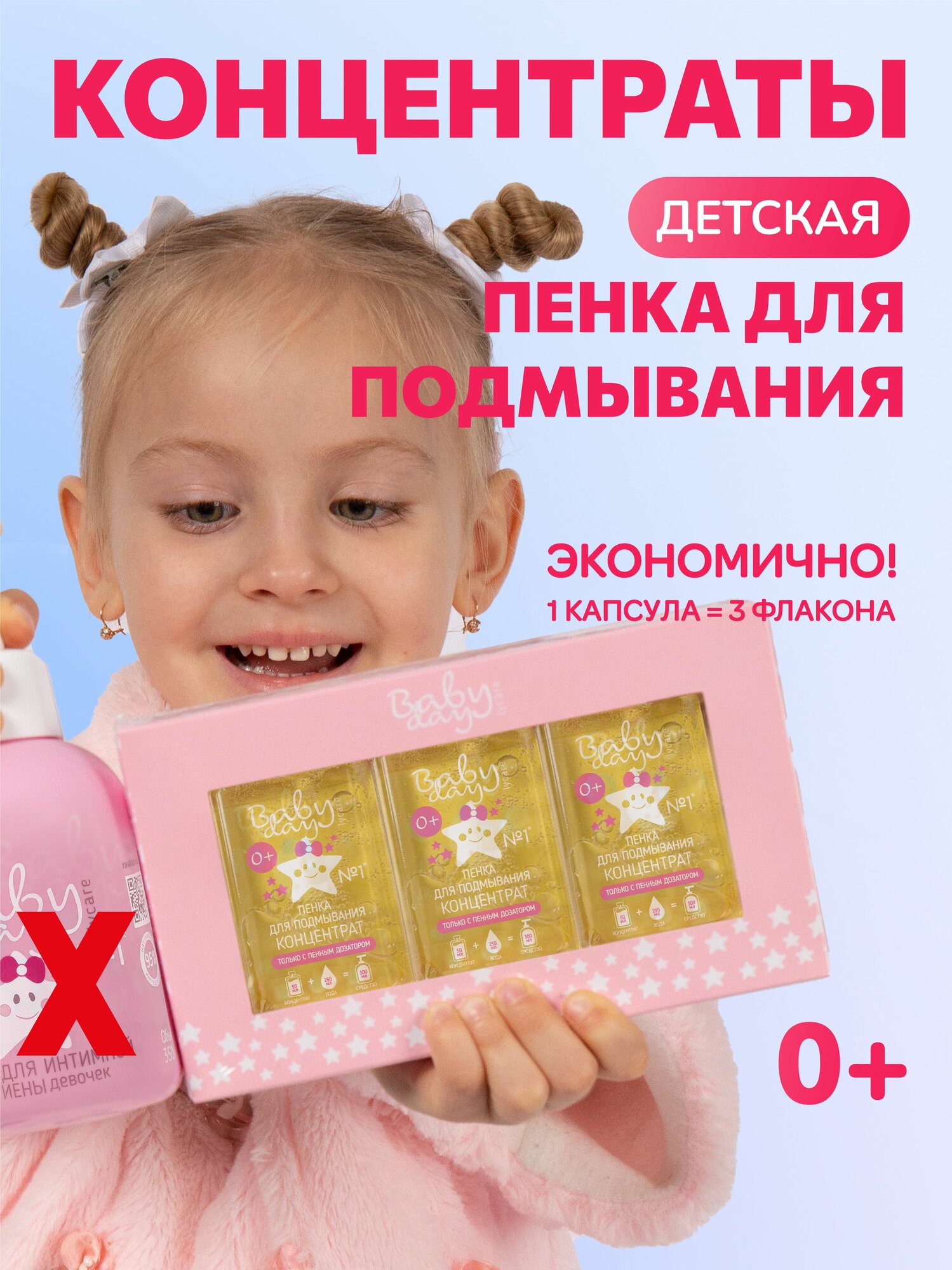 BabyDay для интимной гигиены подмывания для девочек 0+, рефил концентрат 3 по 50 мл