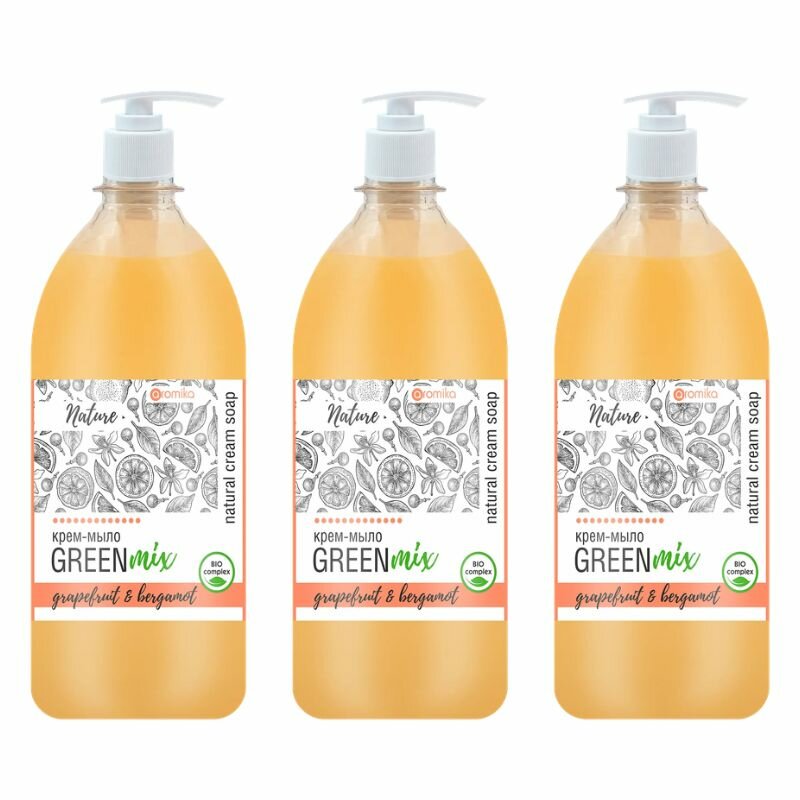 Aromika Жидкое мыло крем, Green mix, грейпфрут и бергамот, 530 мл, 3 штуки
