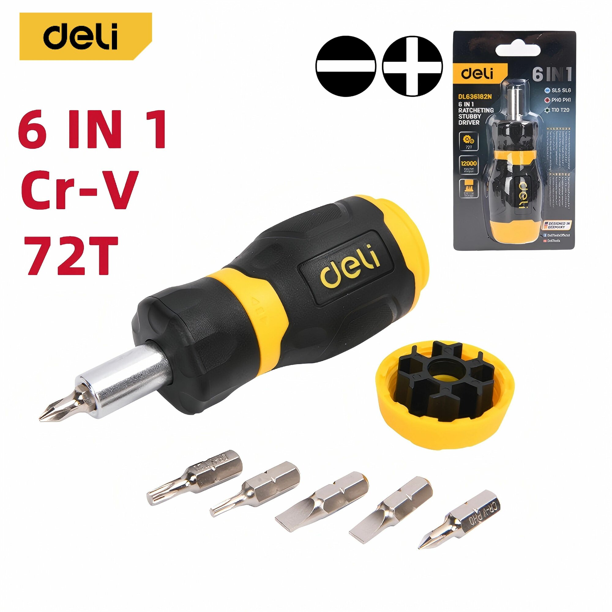 Отвертка с трещоткой Deli DL636182N, со сменными битами, Cr-V сталь