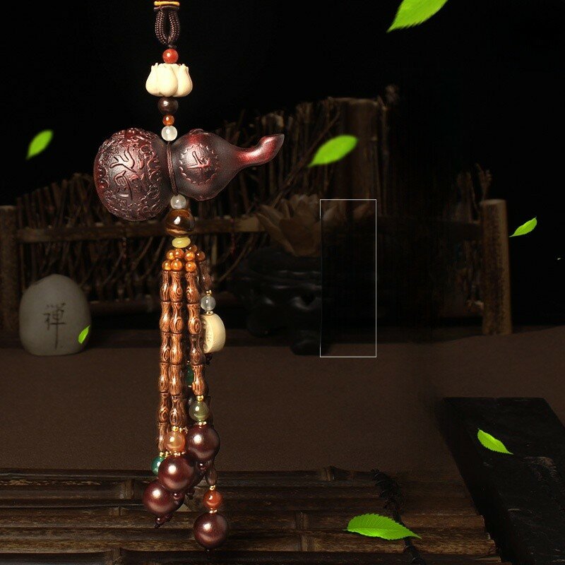 Natural peachwood gourd car pendant with traditional chinese motifs for car interior accessory stylea