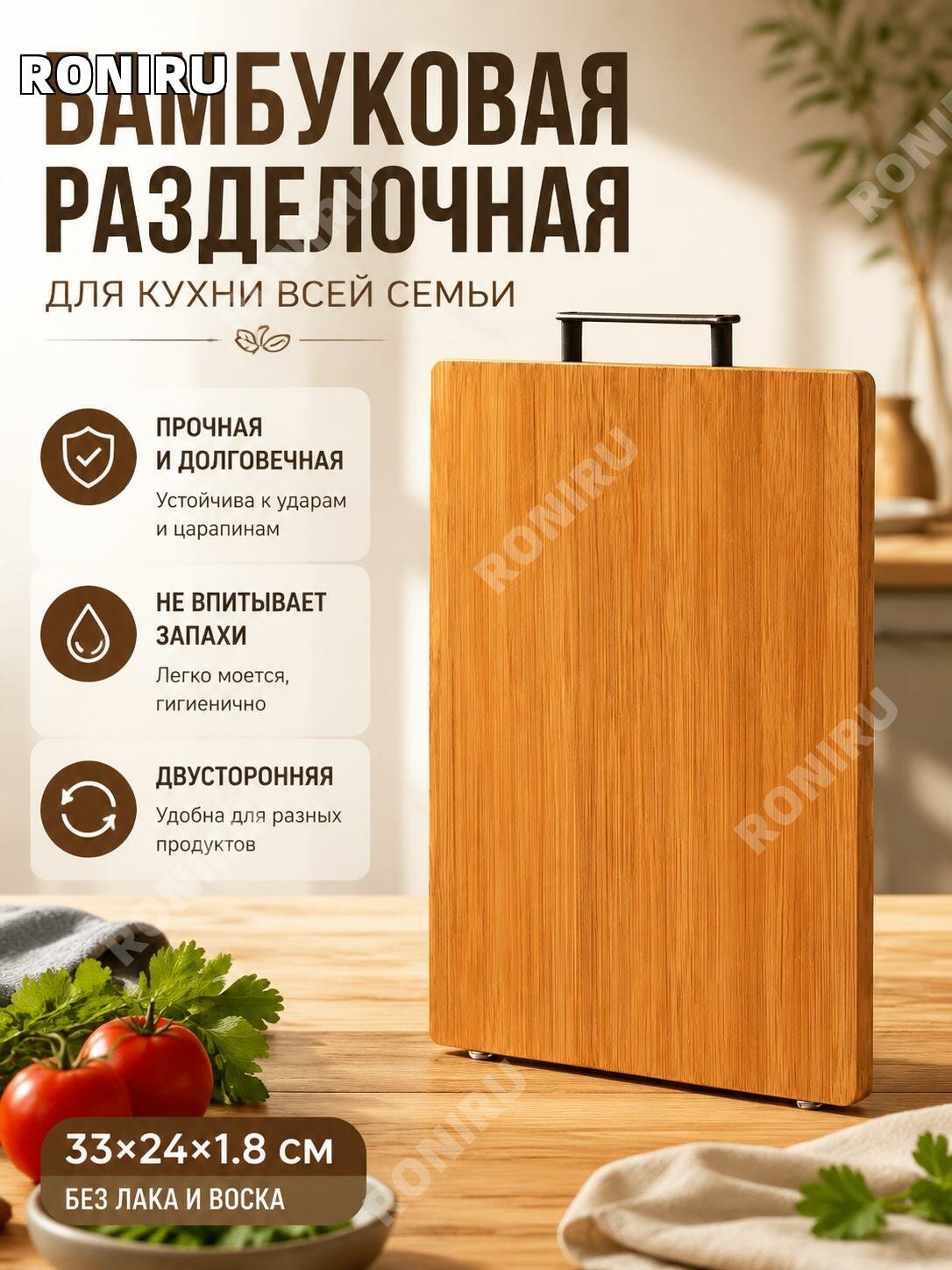 Бамбуковая разделочная доска33х24х1,8 см, двусторонняя квадратная поверхность без лака и воска для нарезки, раскатки и замеса