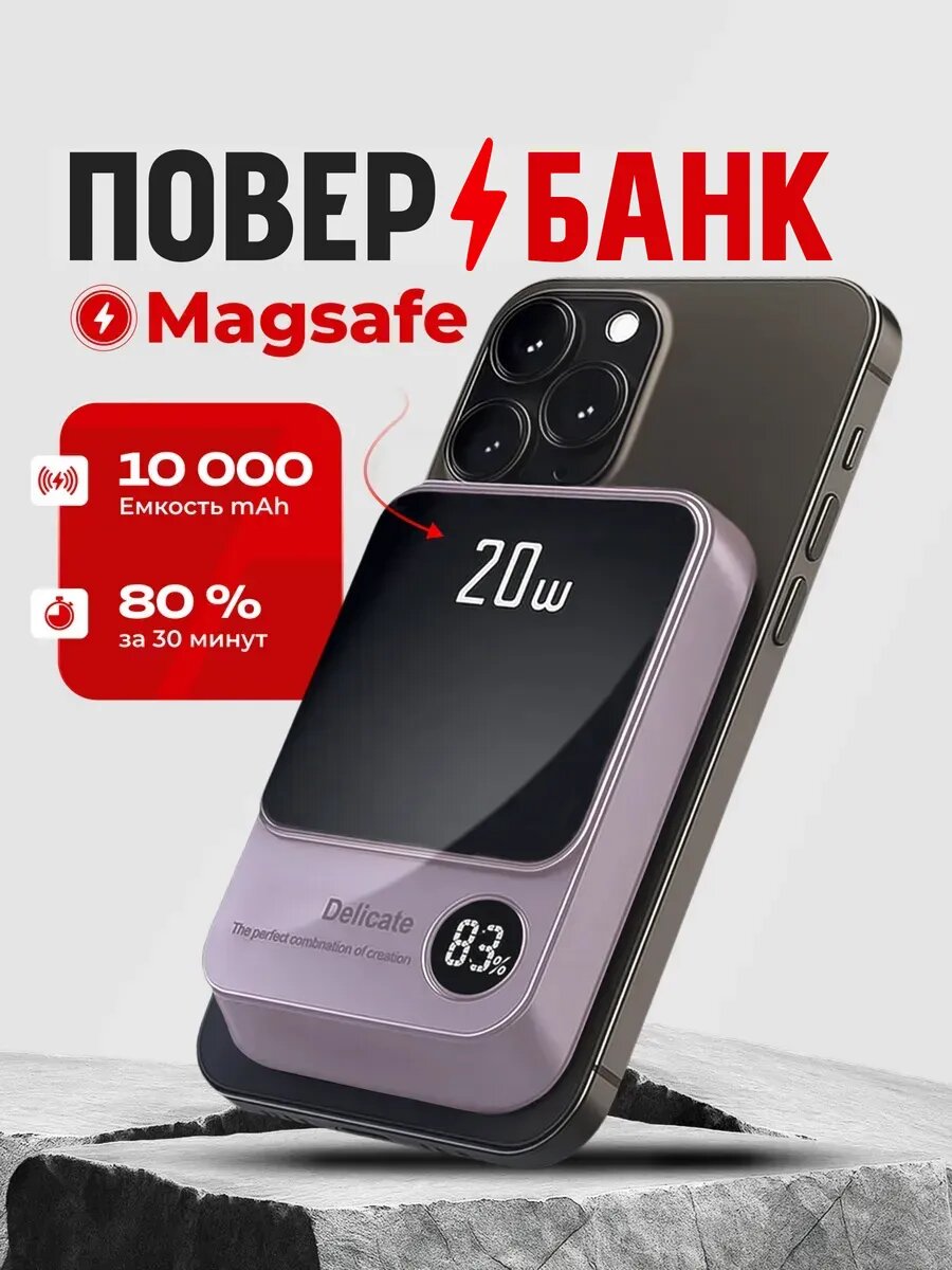 Внешний магнитный аккумулятор, Повербанк для Айфона с быстрой беспроводной зарядкой / Power Bank 20 Ватт 10000mAh
