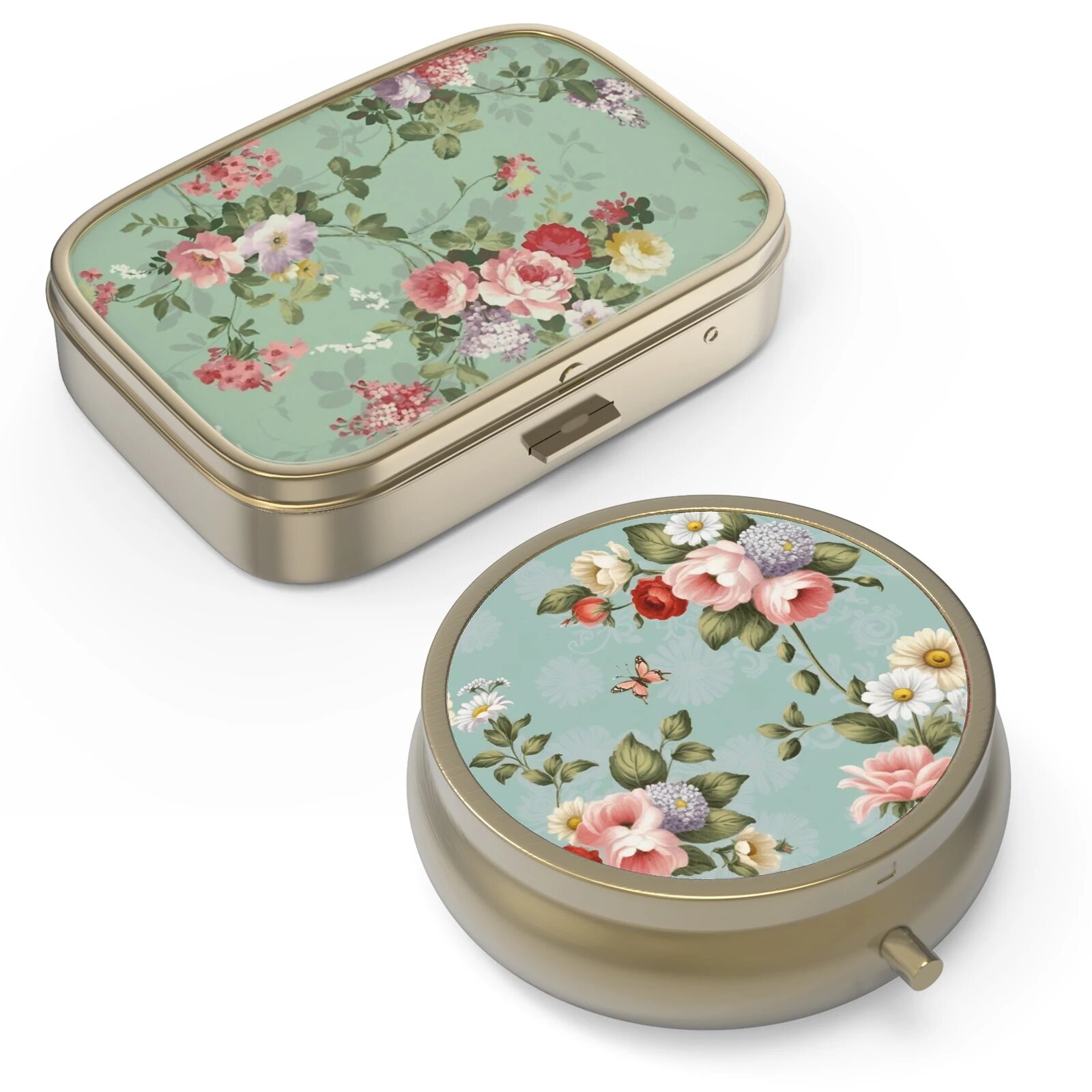 Бронзовый футляр для таблеток Retro Green Floral, цвет 2