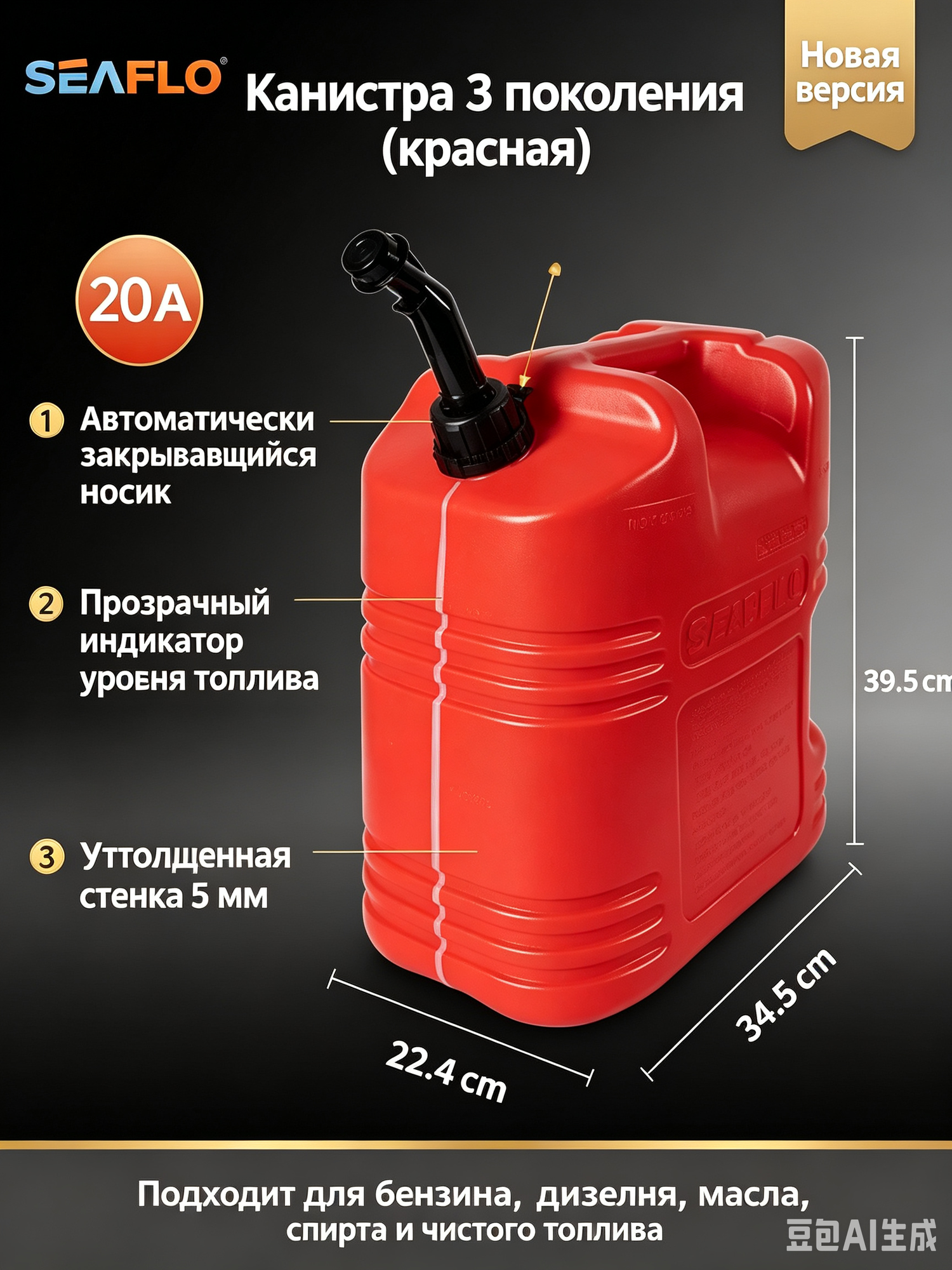 Утолщенная пластиковая канистра HDPE 20л взрывобезопасная для бензина дизтоплива авто дача рыбалки