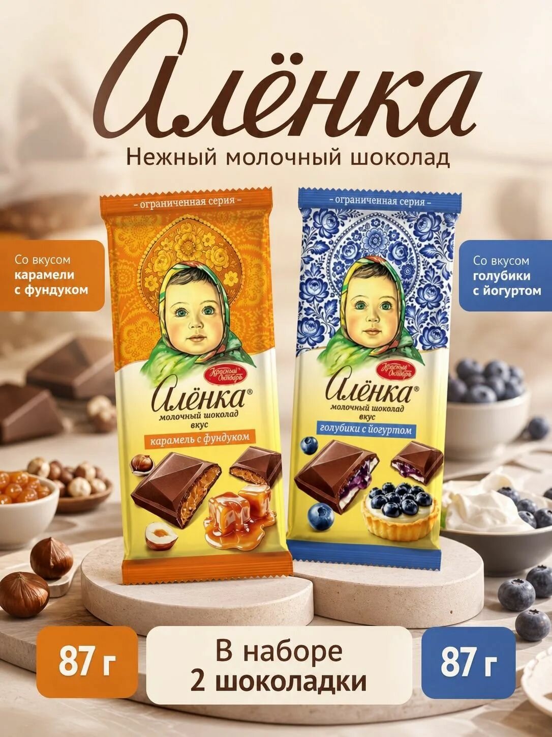 Шоколад Алёнка Карамель с фундуком + Голубика с йогуртом