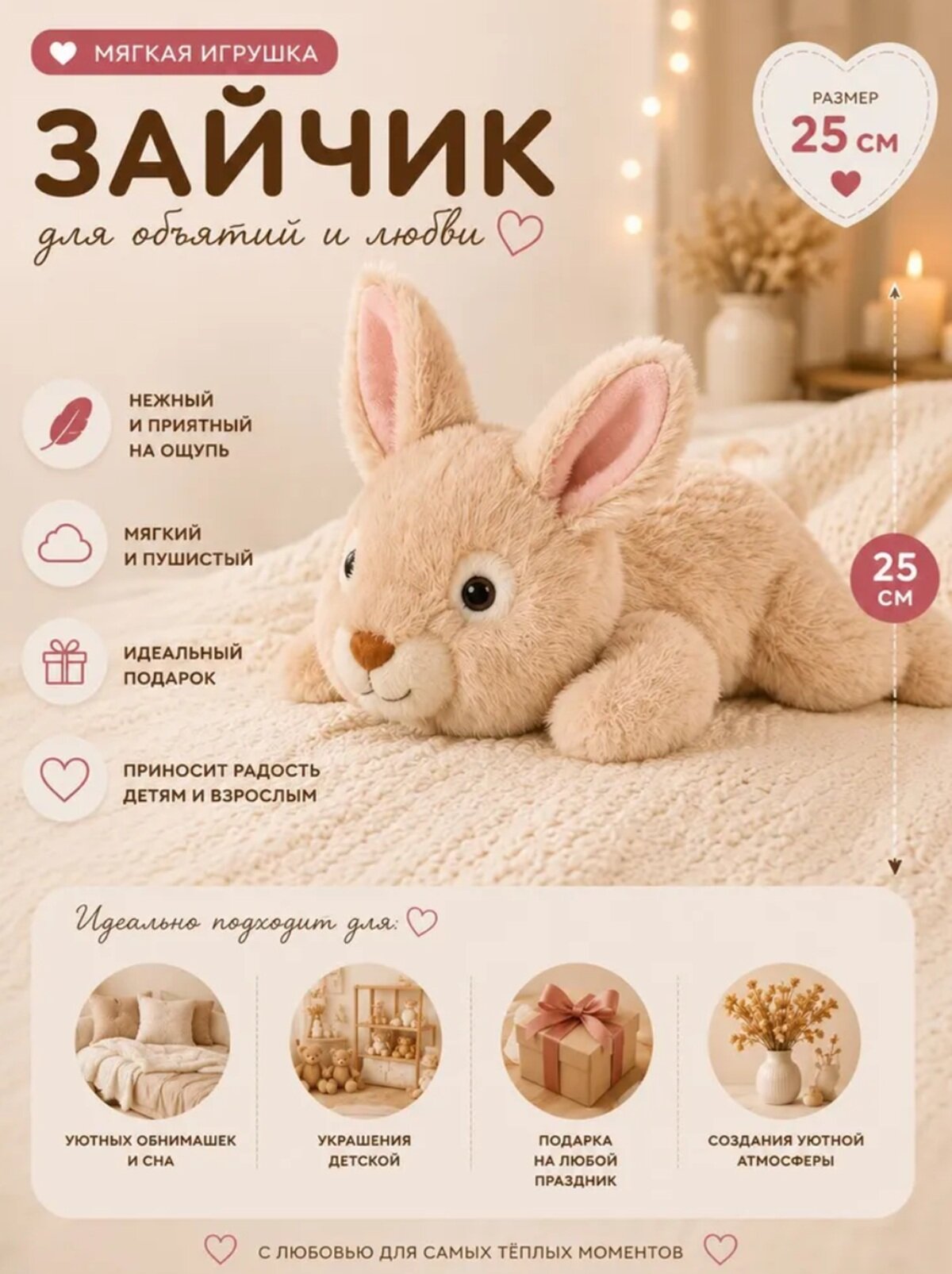 Мягкая игрушка RELANA "Зайчик", искусственный мех, 25см, светло-бежевая