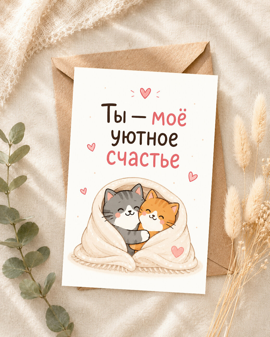 Открытка "Ты — моё уютное счастье", романтичная открытка с котиками и конвертом, 10х15