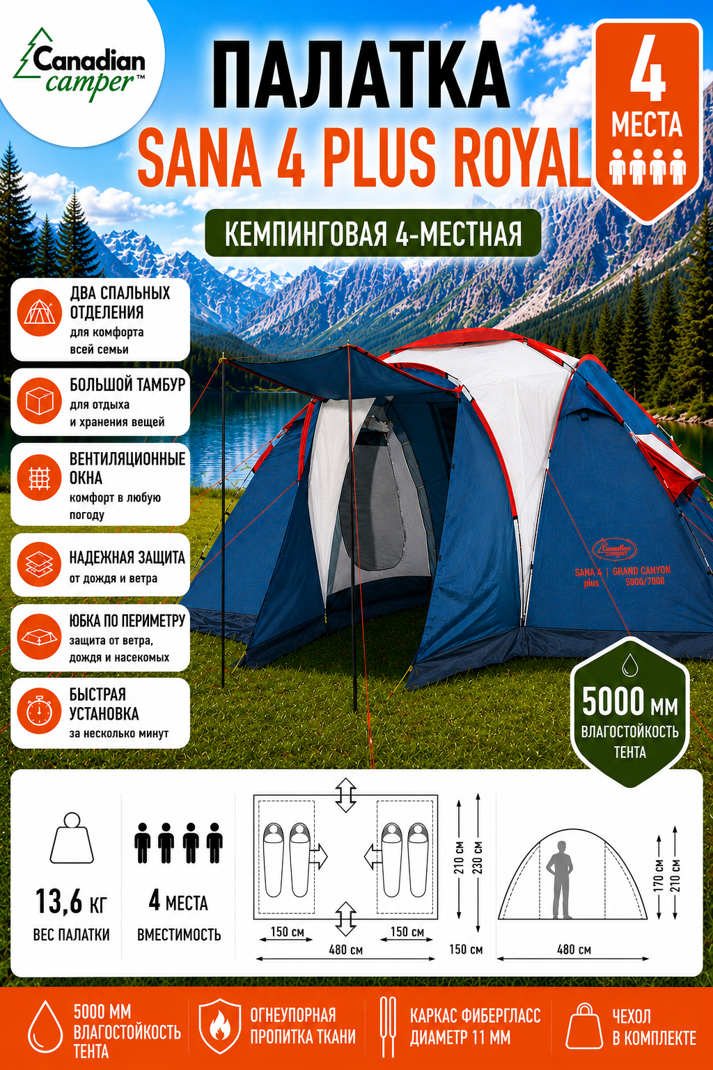 Палатка Canadian Camper Sana 4 Plus royal, кемпинговая 4 местная палатка с двумя спальными отделениями, водонепроницаемая 5000 мм, с защитой от дождя и ветра, для туризма и отдыха на природе