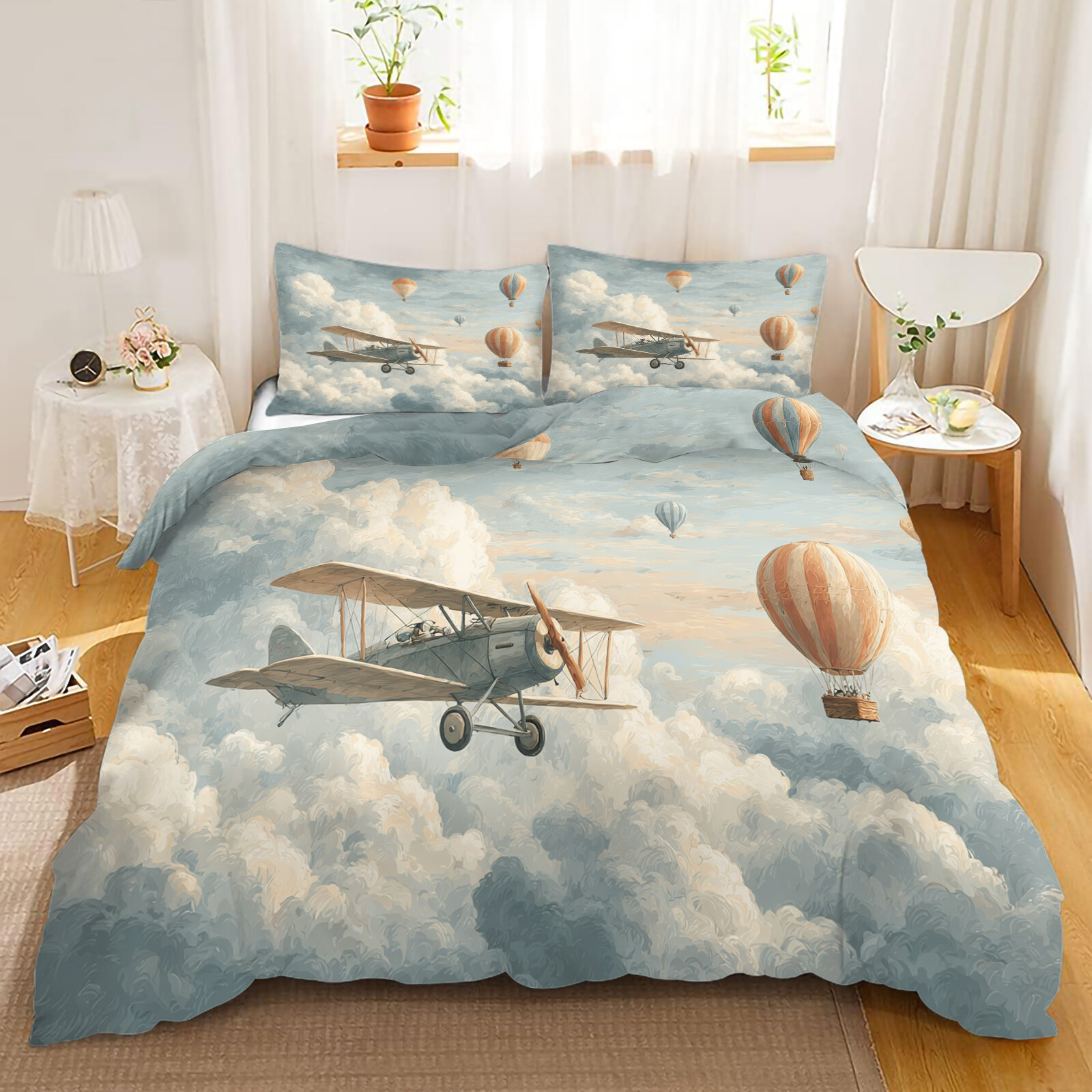 Самолет Комплект постельного белья 1.5/2-сп/Евро 3 предмета 175x215cm Дети Mикрофибра 2 наволочки 70х70