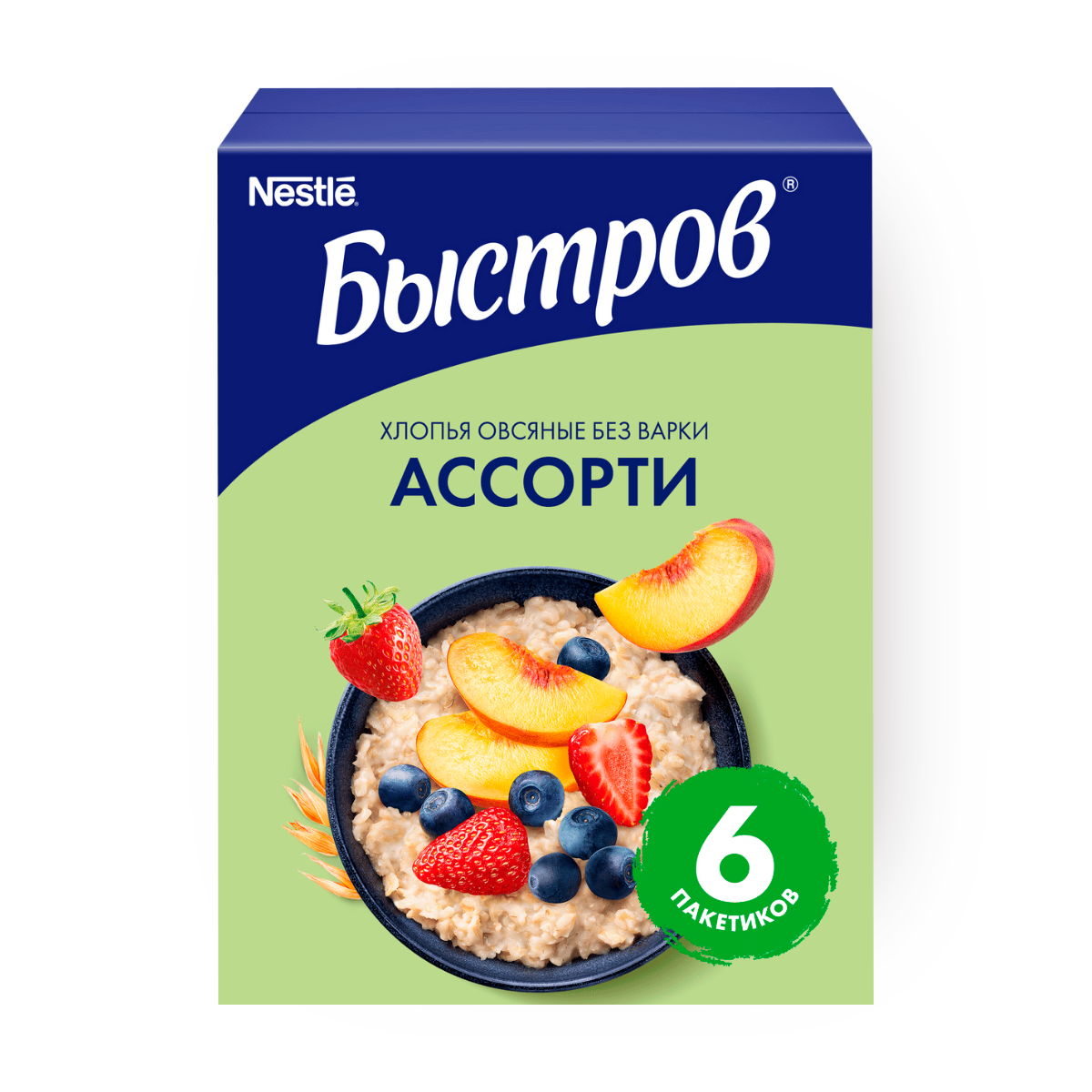 Хлопья овсяные без варки «Быстров» ассорти (черника-клубника-персик) 6 шт
