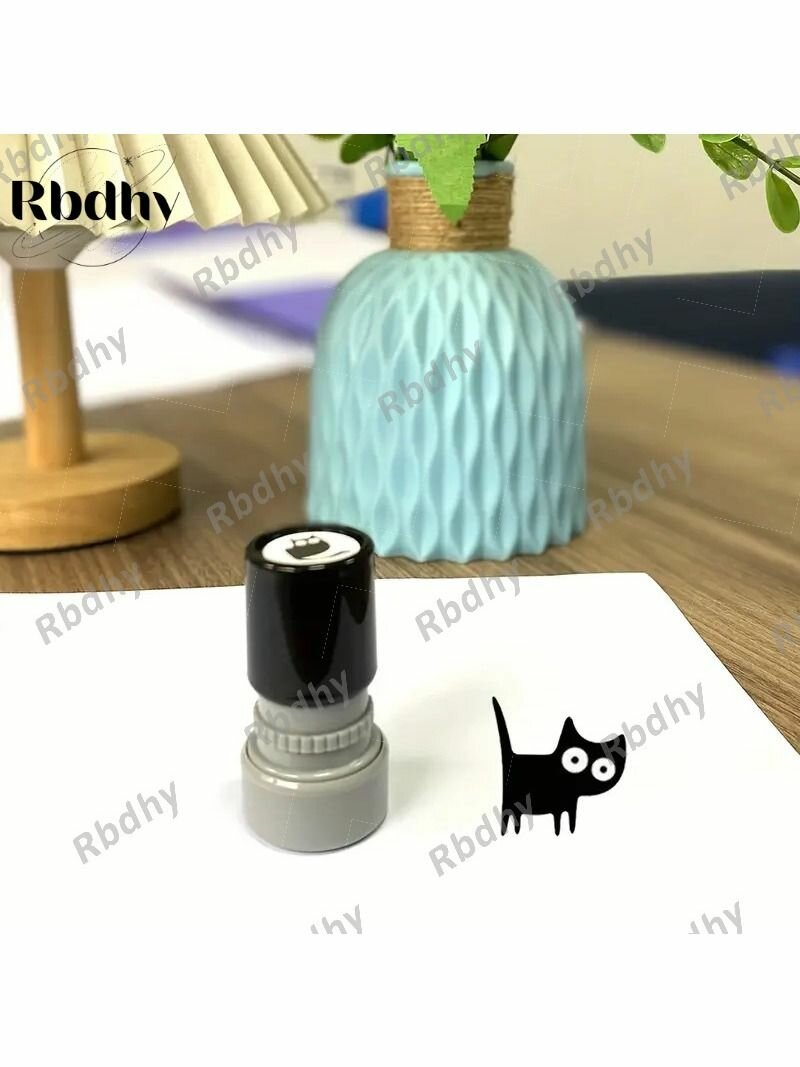 Штамп котик 3x6.2 см, пластиковая ручка, со встроенной подушкой, для детского творчества