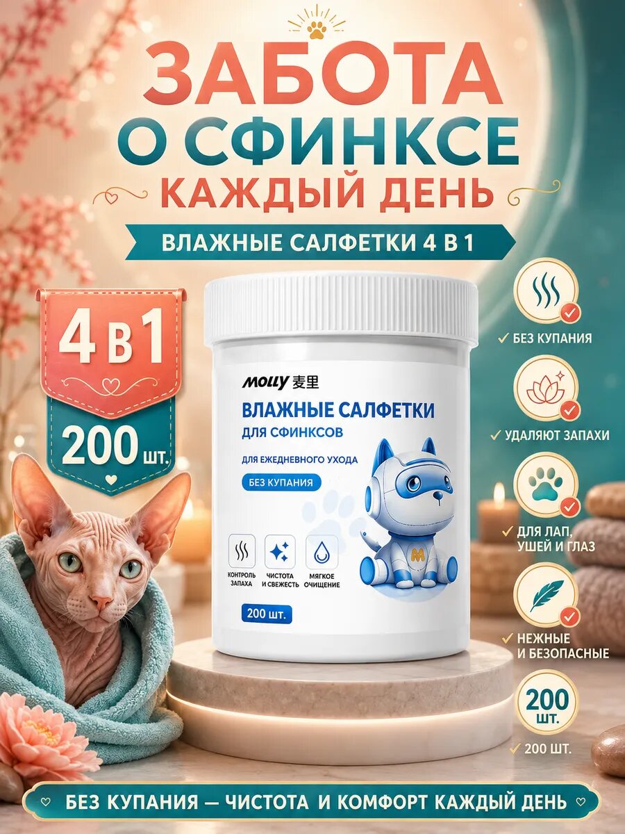 Специальные влажные салфетки для бесшёрстных кошек