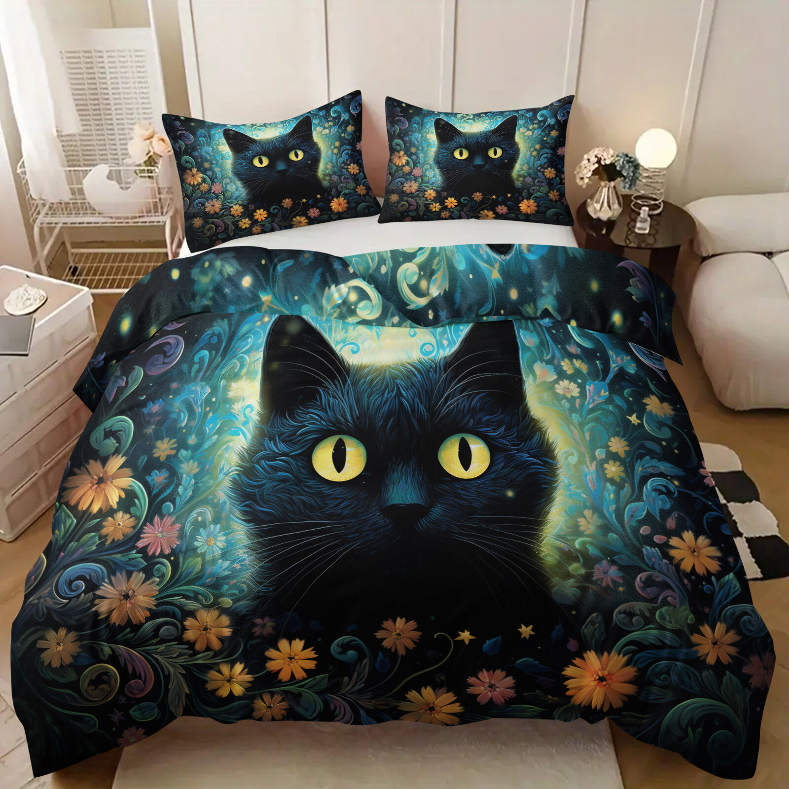 Кот Комплект постельного белья 1.5/2-сп/Евро 175x215cm Ретро Цветочный Mикрофибра 2 наволочки 70х70