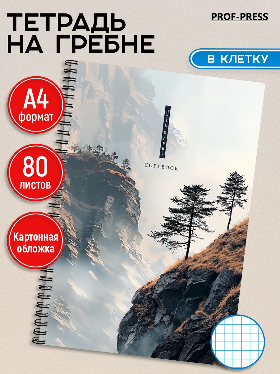 Тетрадь А4 в клетку на пружине, 80 листов, Prof-Press