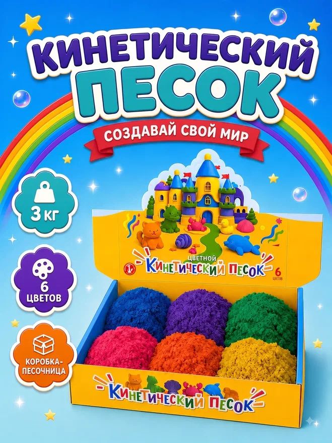 Кинетический песок 3 кг, 6 цветов, с песочницей