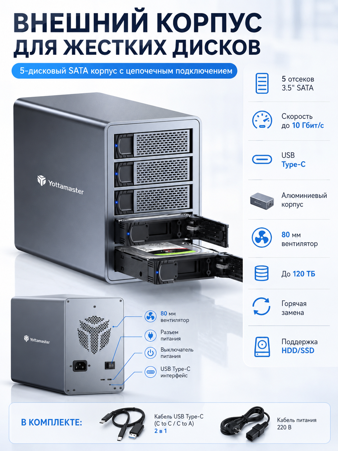 5 Bay 3,5"SATA HDD Док-станция Yottamaster FS5C3 для 2,5'/3,5' жесткий диск 5*18тб, Type-C до 10 Гбит/с охлаждающий вентилятор, Поддержка Daisy-chain, до 270тб расширение хранилища, Бездисковый