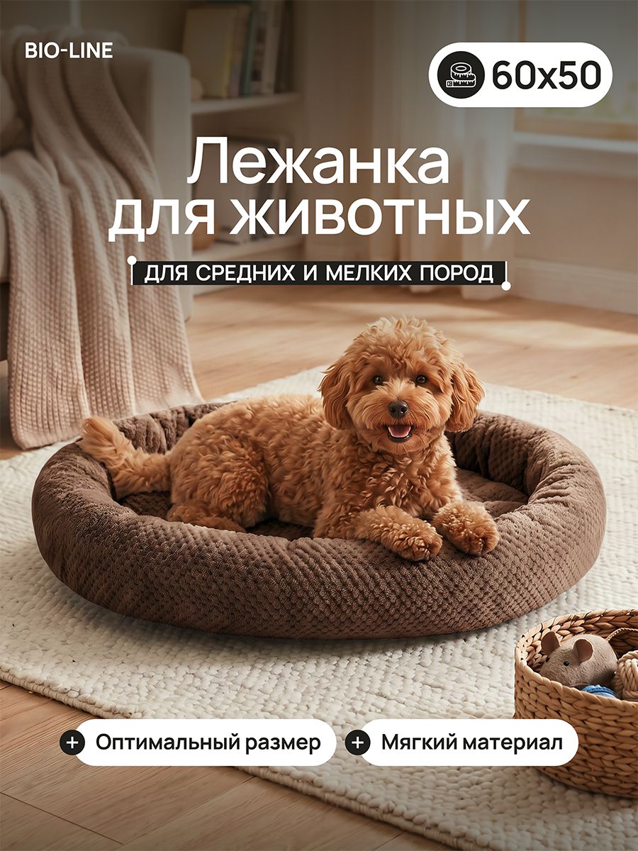 Лежанка для кошек и собак мелких пород 60х50 см овальная с бортиками мягкий лежак