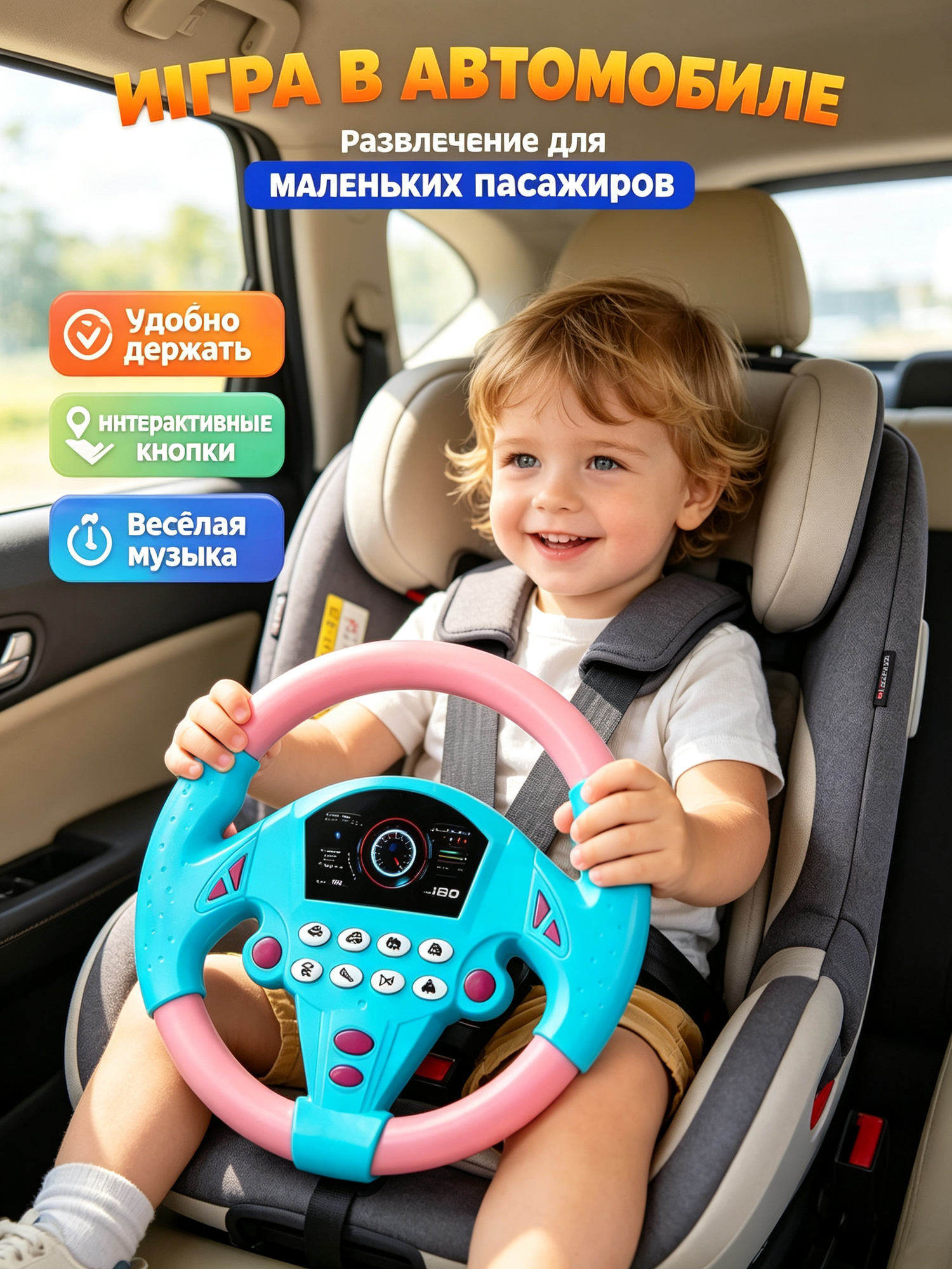 Руль детский игрушка, музыкальный, развивающий, со светом и звуком, на присоске розовый