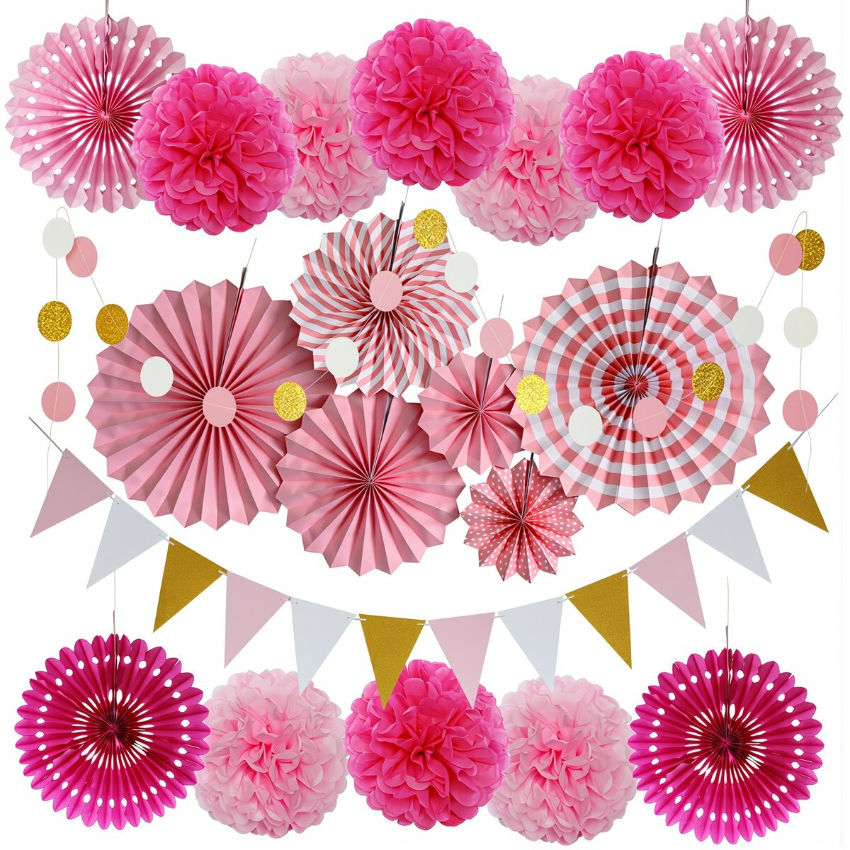 Декоративный набор для домашней вечеринки из бумажных вееров, шаров сот, баннера ко дню рождения, треугольных флажков, Набор с розовыми бумажными цветами