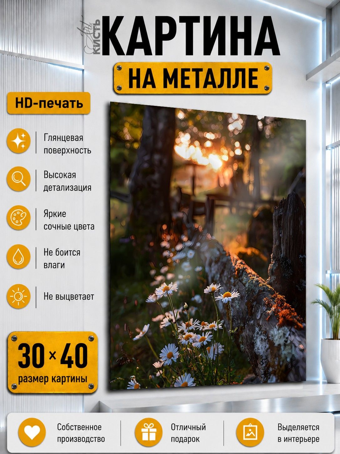 Картина на металле интерьерная на стену 30х40 Пейзаж летний ромашки