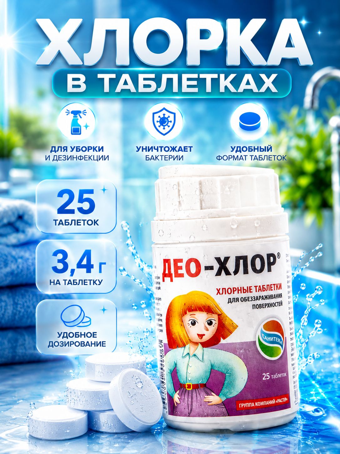 Дезинфицирующее средство "Део-Хлор" санитека, 25 таблеток по 3,4 г / хлорные таблетки для уборки, дезинфекции поверхностей и помещений
