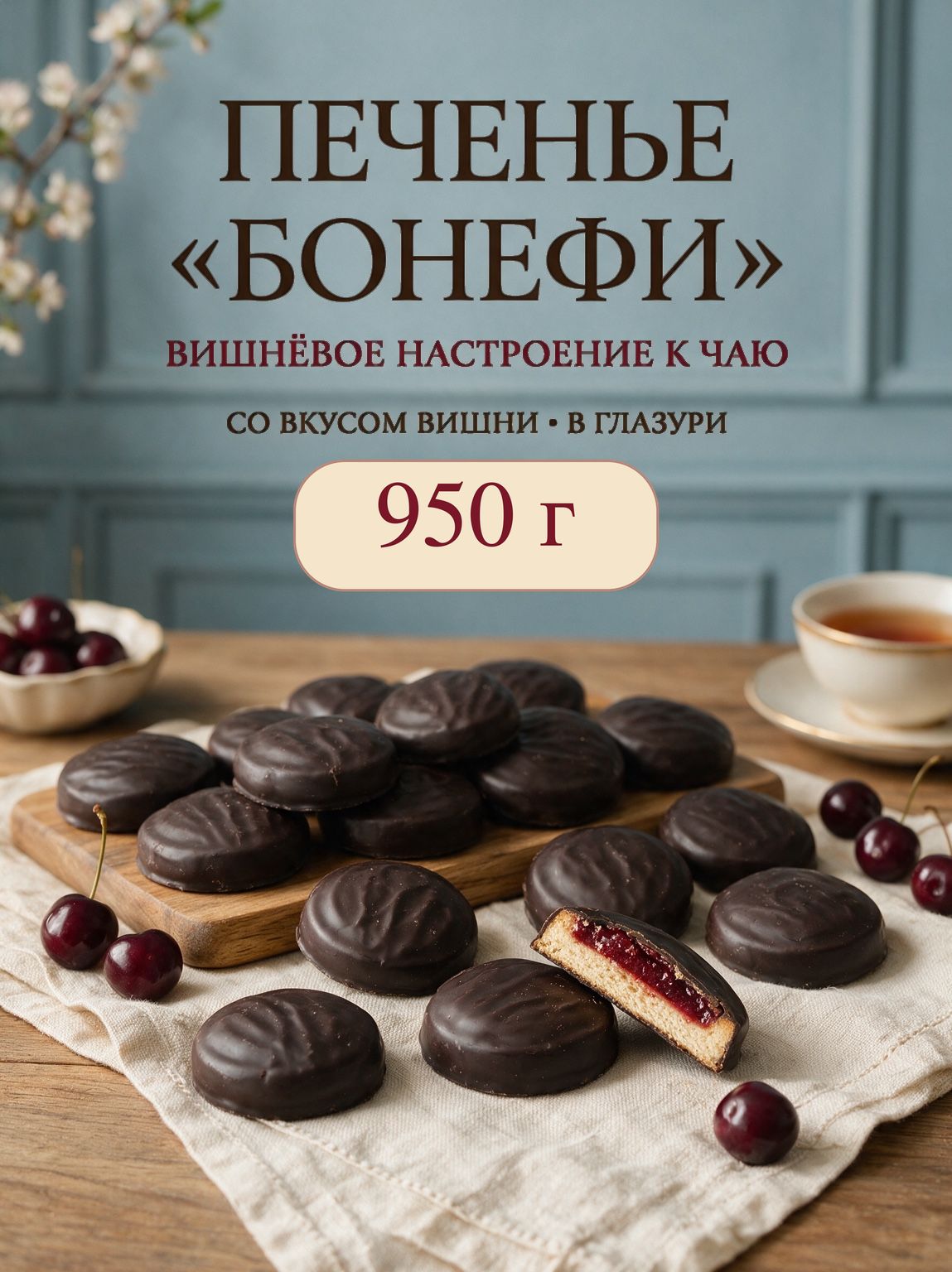 Печенье Бонефи со вкусом вишни Остров Изобилия 0,95 кг, сахарное печенье с фруктовой начинкой в глазури