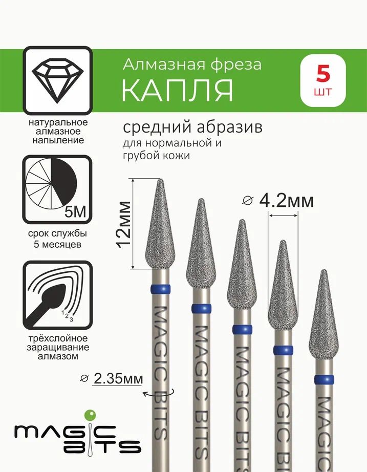 Magic Bits Набор фрез Алмазная капля педикюрная с натуральным напылением среднего абразива