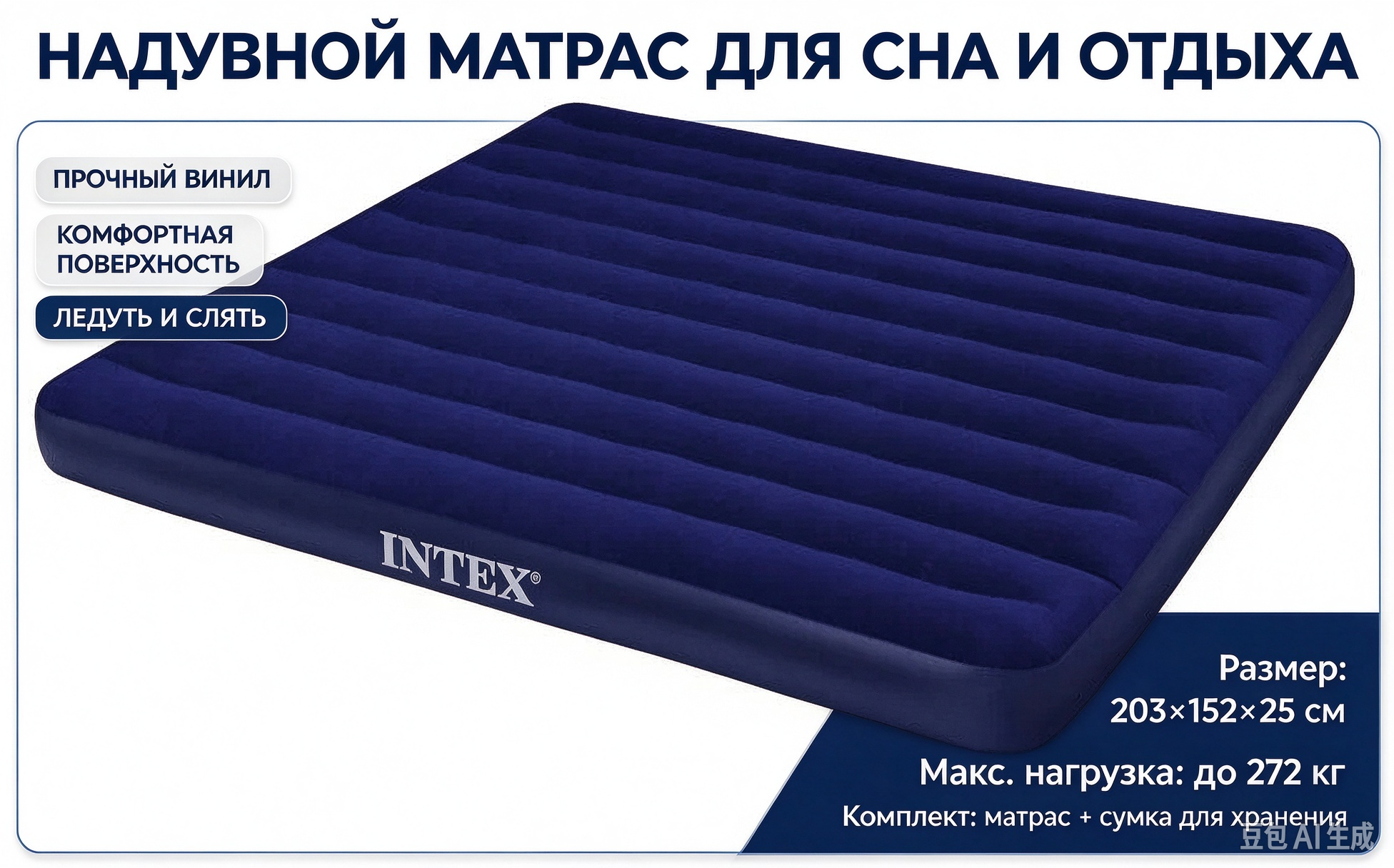 Надувной матрас Intex велюровый, двуспальный для дома и кемпинга